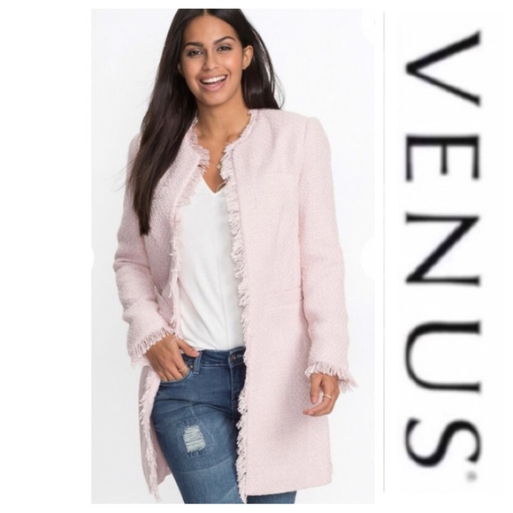 VENUS | Jackets & Coats | Pale Pink Tweed Fringe Long Coat Venus | Poshmark